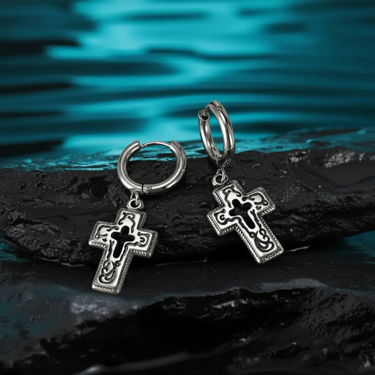 Hollow Cross Dangle Hoop Earrings | Xenos Jewelry