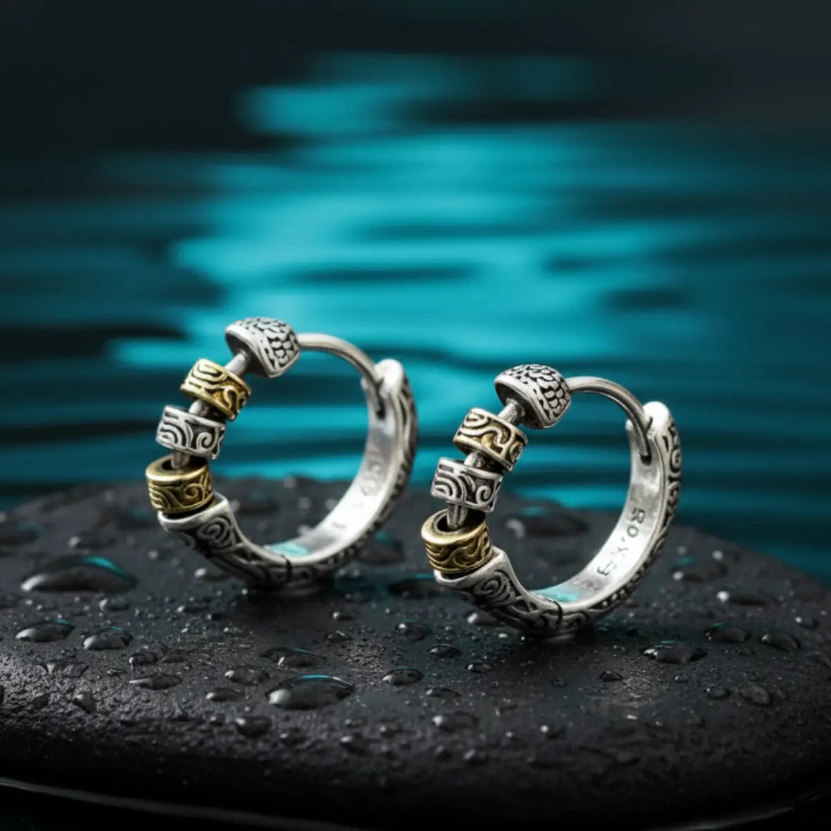 Two-Tone Bead Hoop Earrings Sterling Silver